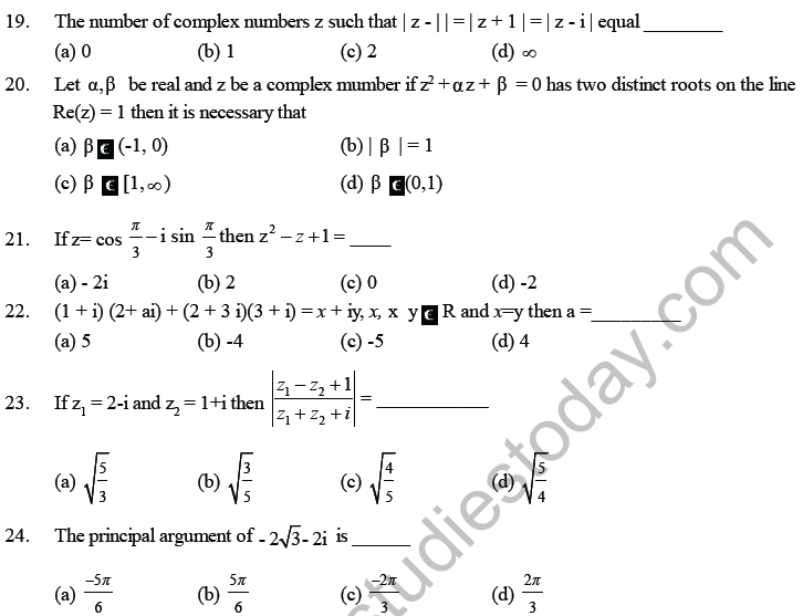 JEE Mathematics Complex Numbers MCQs Set A with Answers